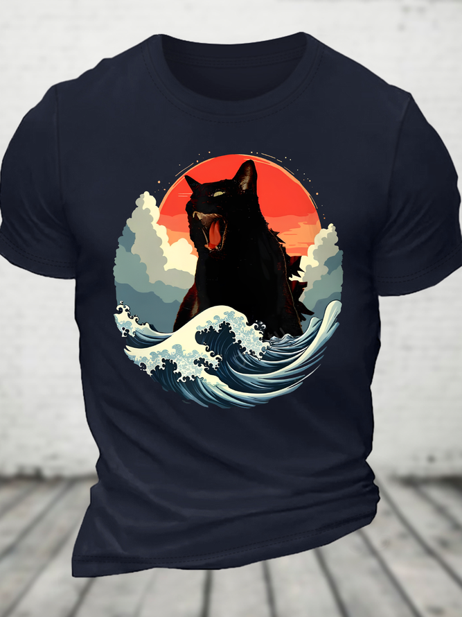 Catzilla Japanese Kaiju Cat The Great Wave Off Kanagawa Cotton T-Shirt ...